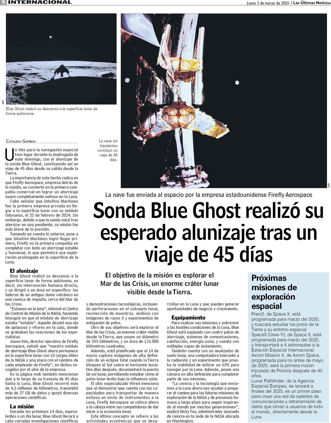 Sonda Blue Ghost realizó su esperado alunizaje tras un viaje de 45 días ...