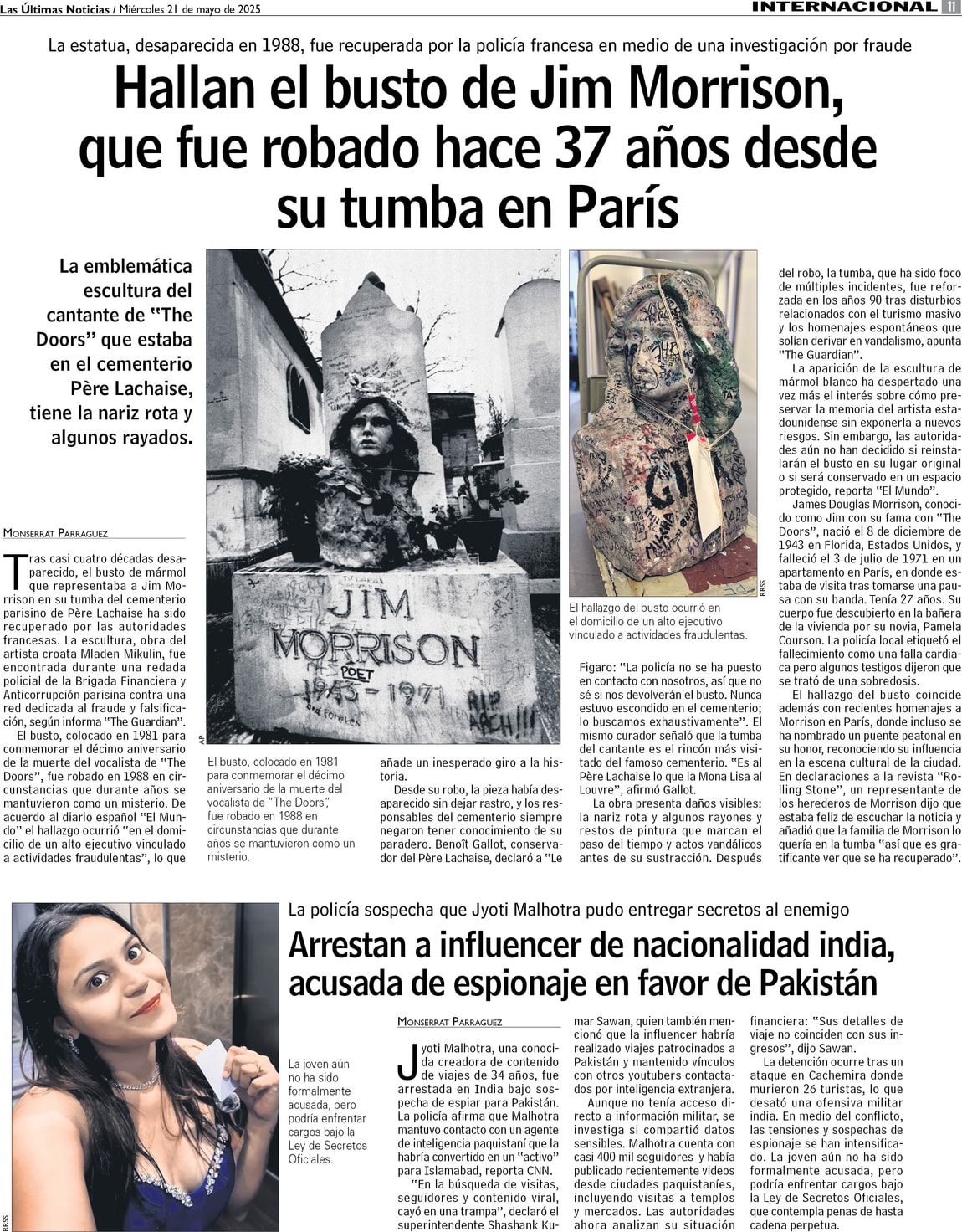 Hallan el busto de Jim Morrison que fue robado hace 37 años desde su tumba en París - www.lun.com