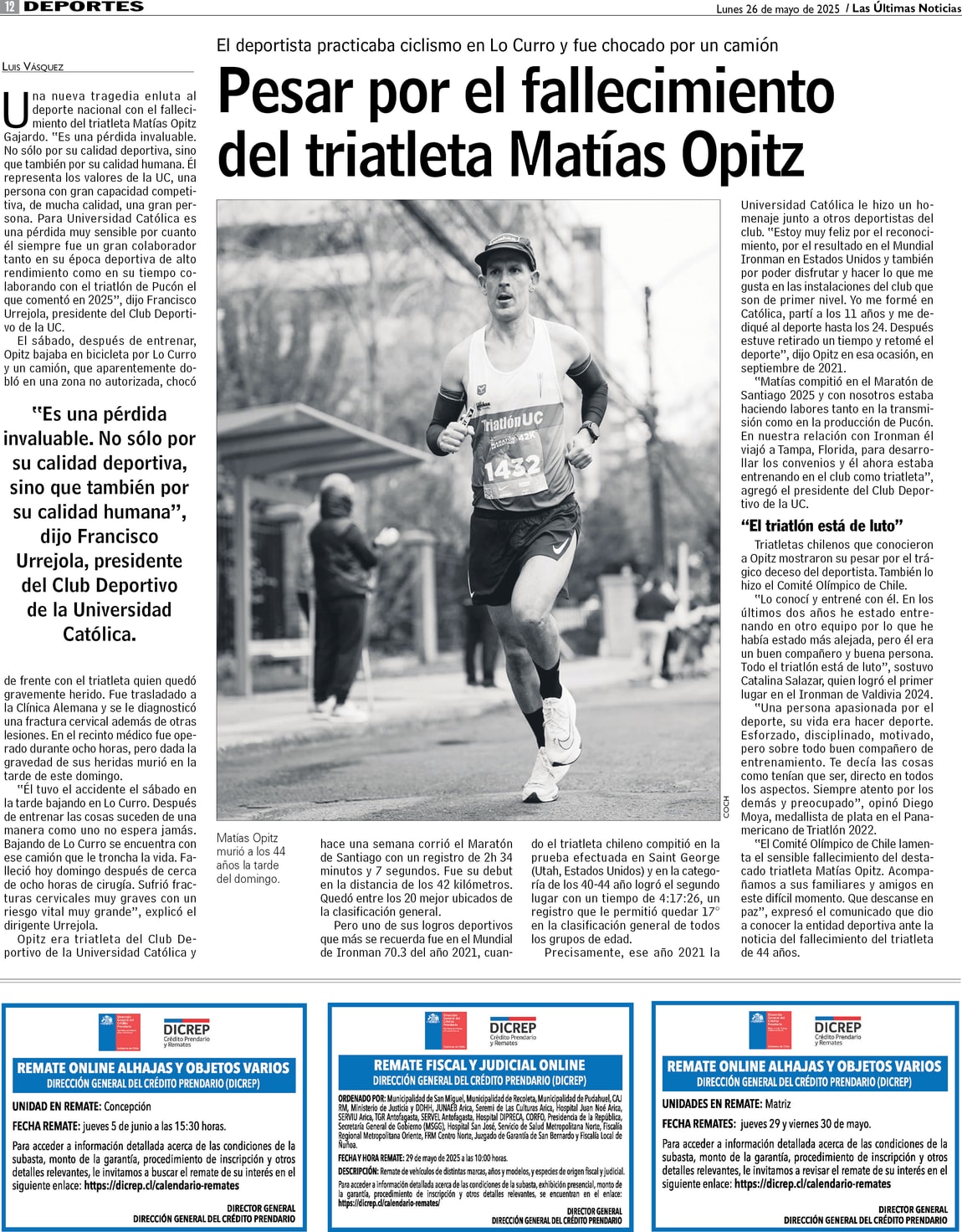 Pesar por el fallecimiento del triatleta Matías Opitz - www.lun.com