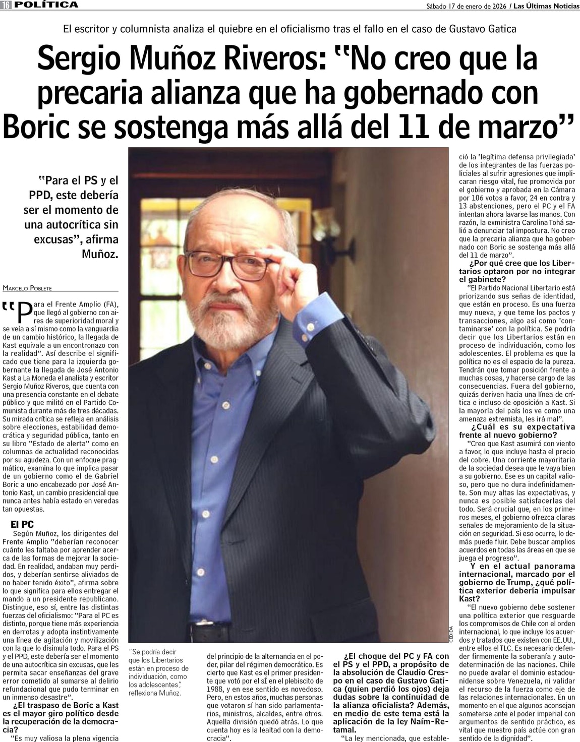 Sergio Muñoz Riveros: "No creo que la precaria alianza que ha gobernado ...