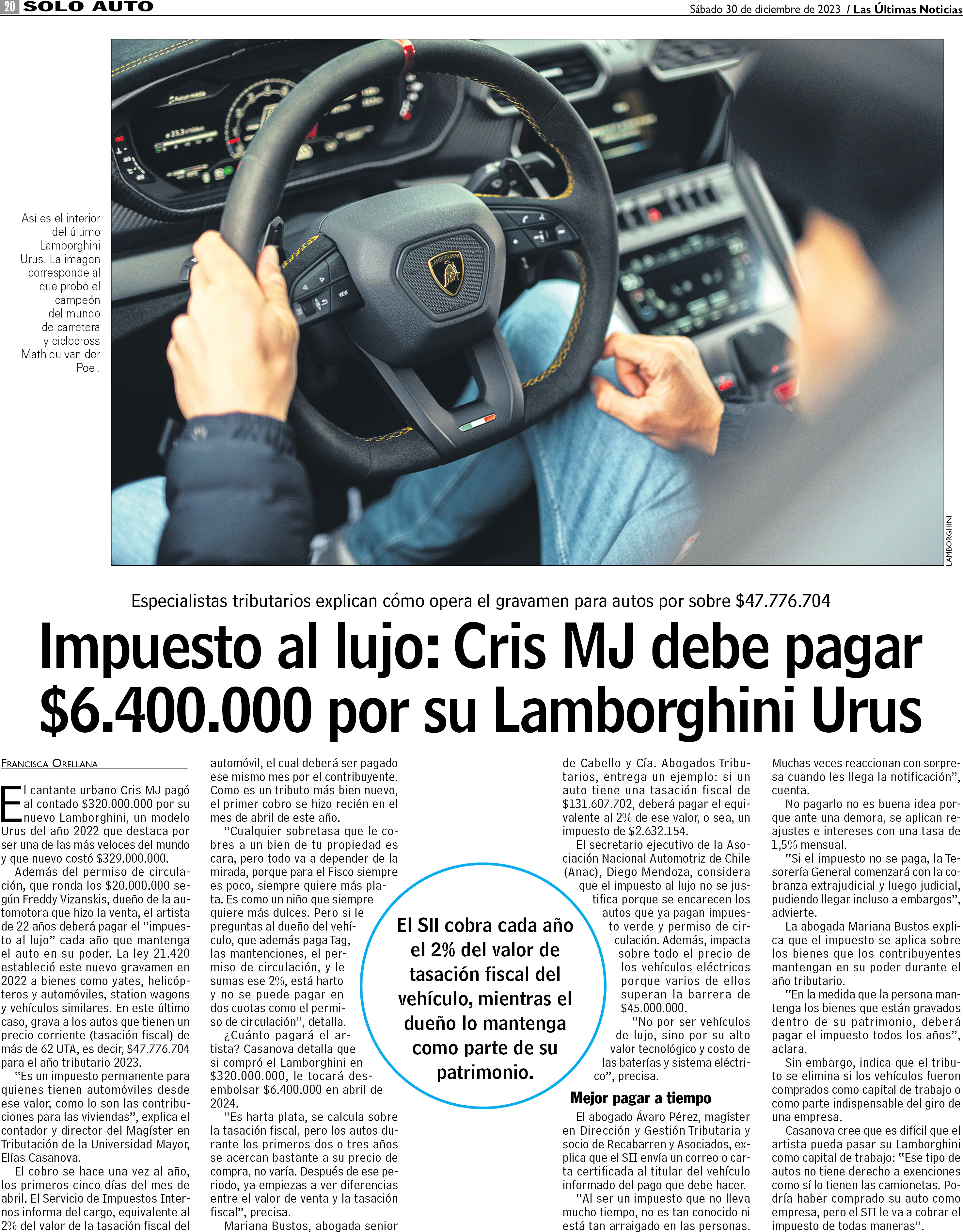Impuesto al lujo: Cris MJ debe pagar $6.400.000 por su Lamborghini Urus ...
