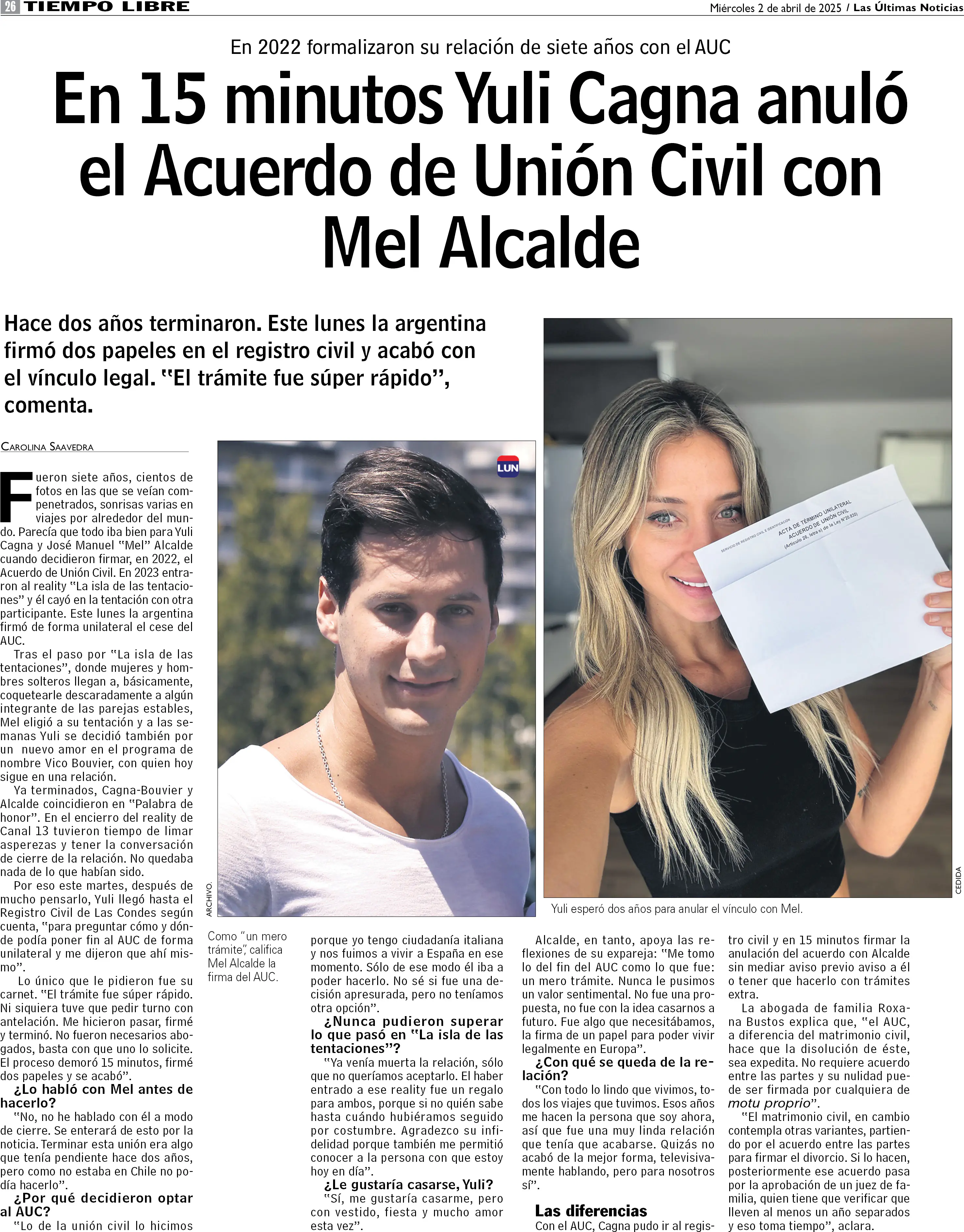 En 15 minutos Yuli Cagna anuló el Acuerdo de Unión Civil con Mel ...