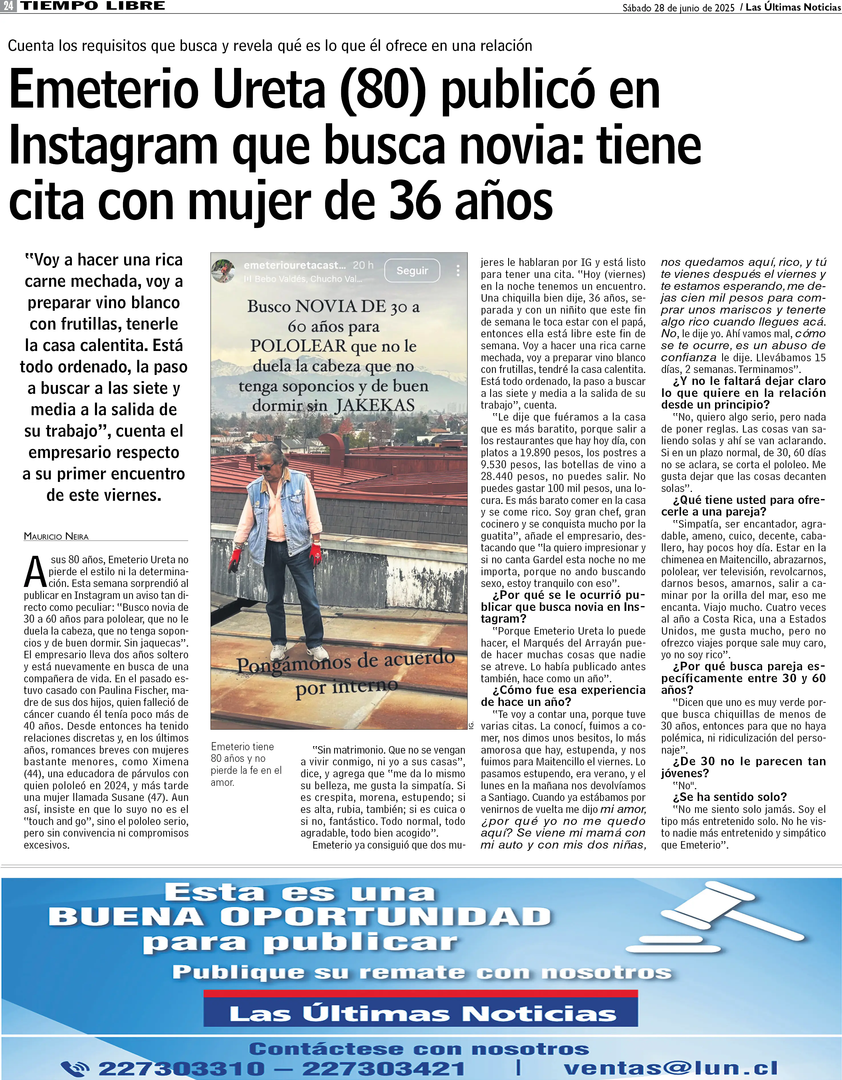 Emeterio Ureta (80) publicó en Instagram que busca novia: tiene cita ...
